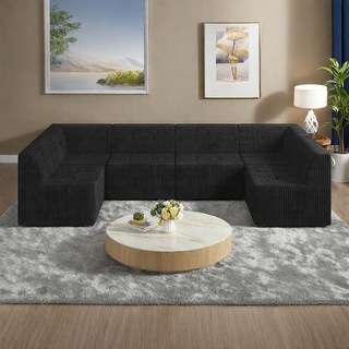 130.32" 6-Seat U-Shaped Modular Sectional Sofa with Sleeper Function, Corduroy Upholstery and No ...